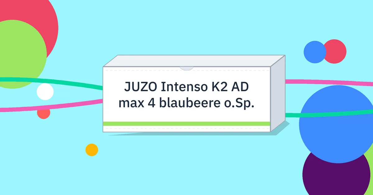 Symbolbild: Packung mit der Aufschrift JUZO Intenso K2 AD max 4 blaubeere o.Sp. (PZN 18619846) – Verfügbarkeit und Bezug in Apotheken in Frankfurt am Main