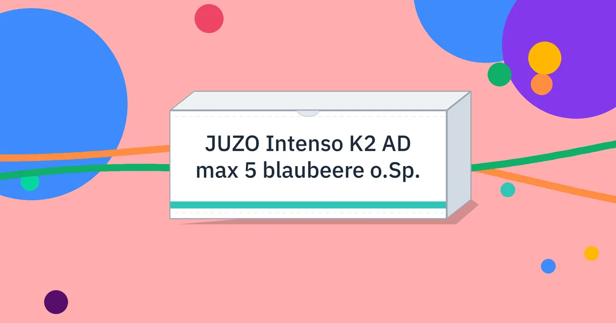 Symbolbild: Packung mit der Aufschrift JUZO Intenso K2 AD max 5 blaubeere o.Sp. (PZN 18619852) – Verfügbarkeit und Bezug in Apotheken in Frankfurt am Main