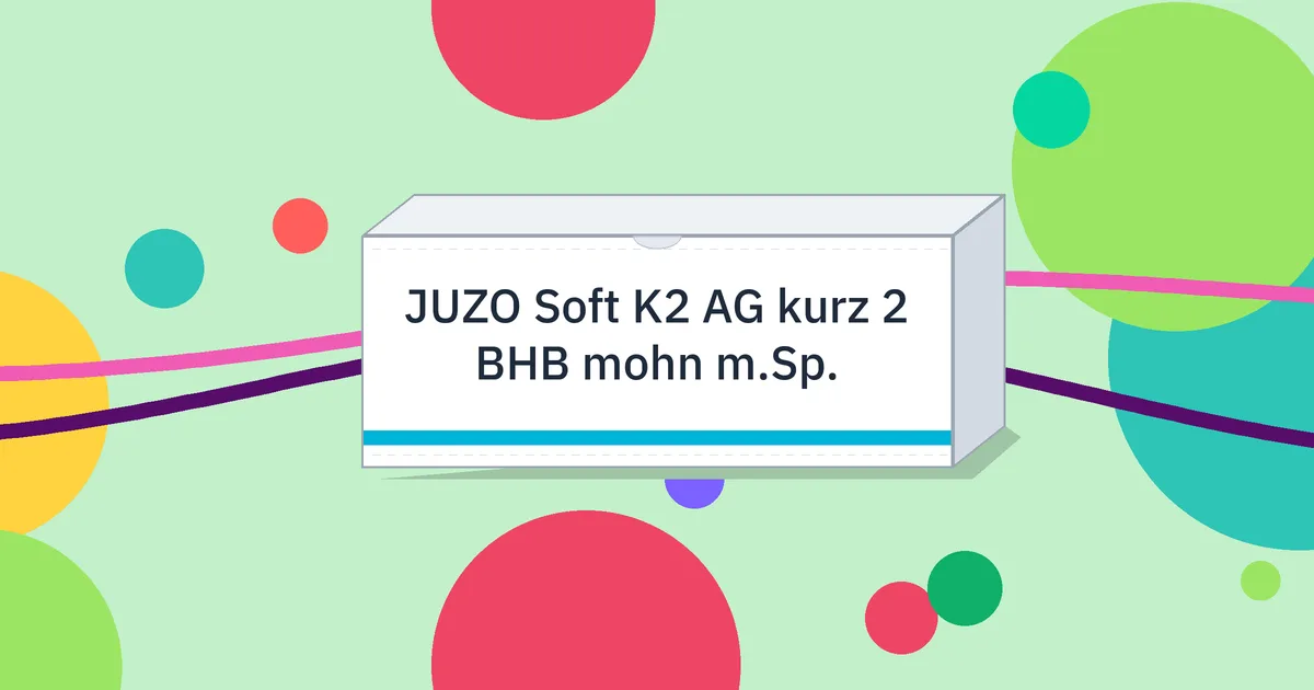 Symbolbild: Packung mit der Aufschrift JUZO Soft K2 AG kurz 2 BHB mohn m.Sp. (PZN 14826353) – Verfügbarkeit und Bezug in Apotheken in Frankfurt am Main