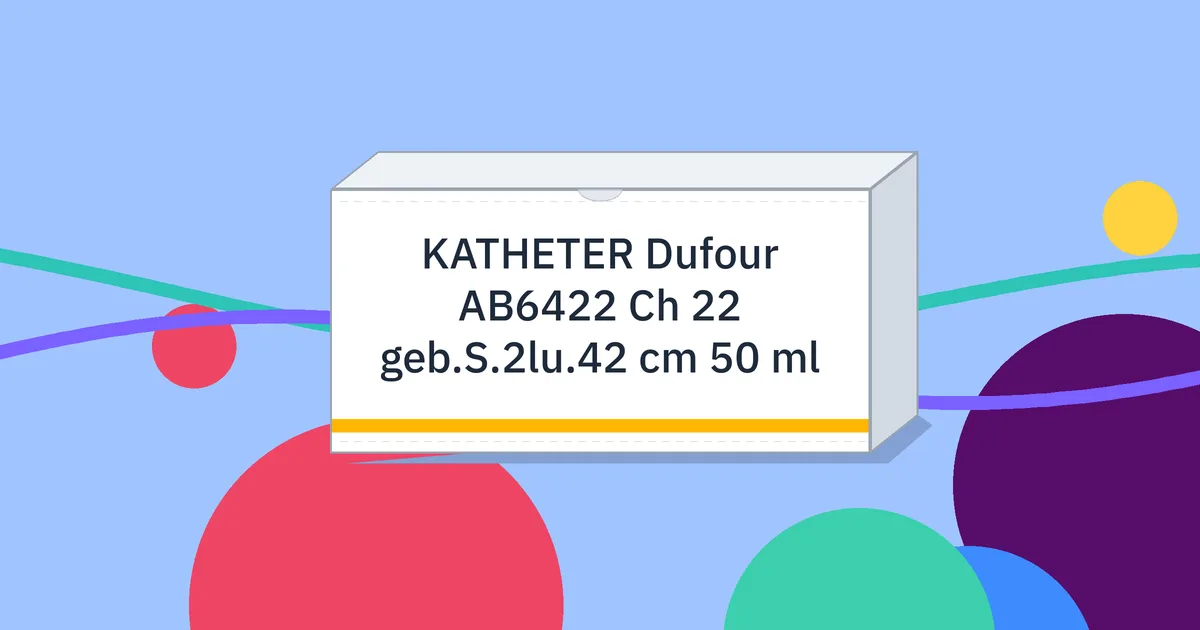 Symbolbild: Packung mit der Aufschrift KATHETER Dufour AB6422 Ch 22 geb.S.2lu.42 cm 50 ml (PZN 00152974) – Verfügbarkeit und Bezug in Apotheken in Frankfurt am Main