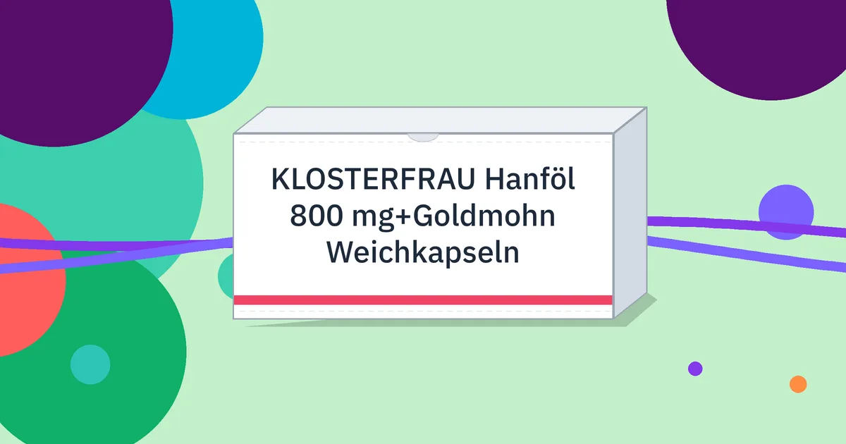 Symbolbild: Packung mit der Aufschrift KLOSTERFRAU Hanföl 800 mg+Goldmohn Weichkapseln (PZN 19337570) – Verfügbarkeit und Bezug in Apotheken in Frankfurt am Main