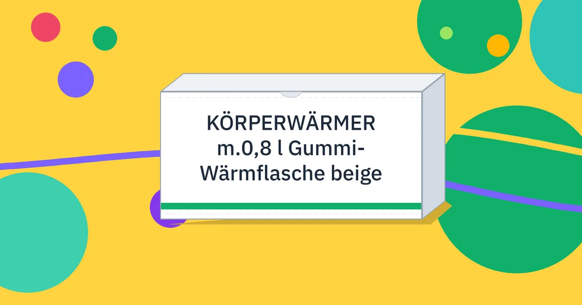 Symbolbild: Packung mit der Aufschrift KÖRPERWÄRMER m.0,8 l Gummi-Wärmflasche beige (PZN 18793426) – Verfügbarkeit und Bezug in Apotheken in Frankfurt am Main