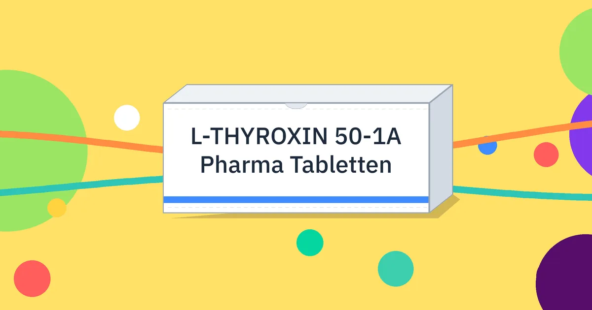 Symbolbild: Packung mit der Aufschrift L-THYROXIN 50-1A Pharma Tabletten (PZN 06488652) – Verfügbarkeit und Bezug in Apotheken in Frankfurt am Main