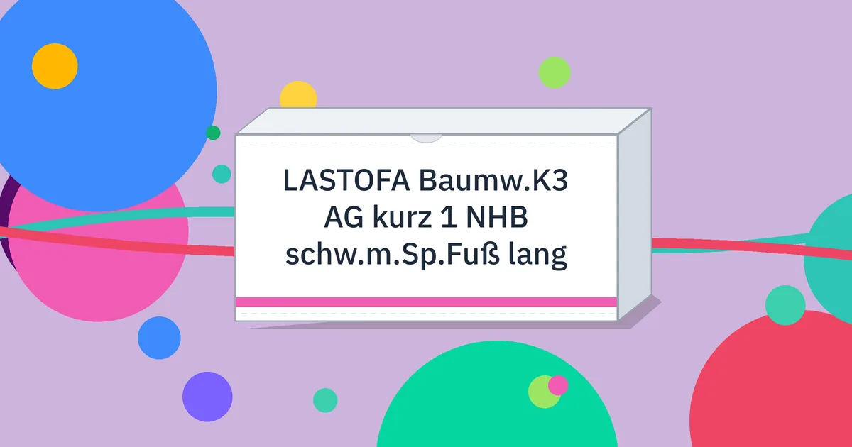 Symbolbild: Packung mit der Aufschrift LASTOFA Baumw.K3 AG kurz 1 NHB schw.m.Sp.Fuß lang (PZN 01955209) – Verfügbarkeit und Bezug in Apotheken in Frankfurt am Main