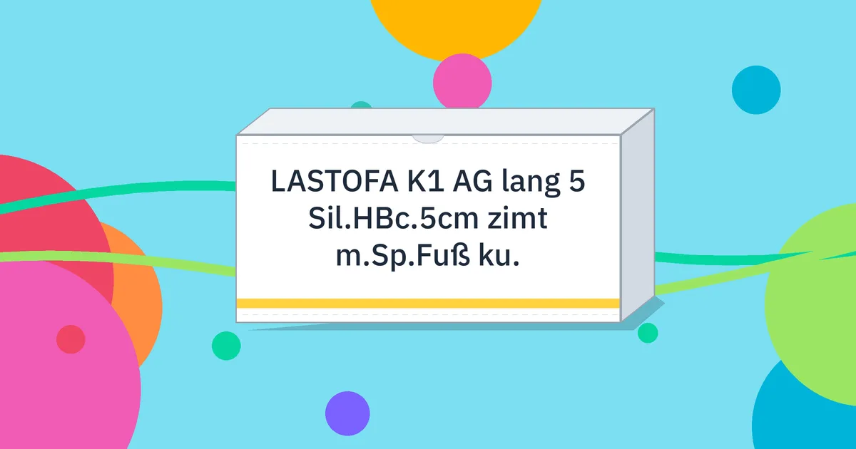 Symbolbild: Packung mit der Aufschrift LASTOFA K1 AG lang 5 Sil.HBc.5cm zimt m.Sp.Fuß ku. (PZN 13793002) – Verfügbarkeit und Bezug in Apotheken in Frankfurt am Main