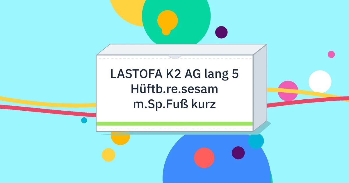 Symbolbild: Packung mit der Aufschrift LASTOFA K2 AG lang 5 Hüftb.re.sesam m.Sp.Fuß kurz (PZN 13811993) – Verfügbarkeit und Bezug in Apotheken in Frankfurt am Main
