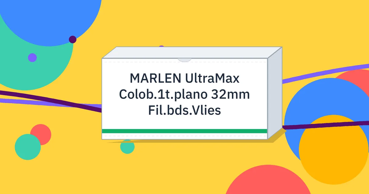 Symbolbild: Packung mit der Aufschrift MARLEN UltraMax Colob.1t.plano 32mm Fil.bds.Vlies (PZN 00625088) – Verfügbarkeit und Bezug in Apotheken in Frankfurt am Main