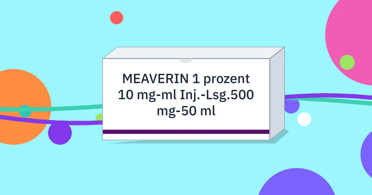 Symbolbild: Packung mit der Aufschrift MEAVERIN 1 prozent 10 mg-ml Inj.-Lsg.500 mg-50 ml (PZN 11101425) – Verfügbarkeit und Bezug in Apotheken in Frankfurt am Main