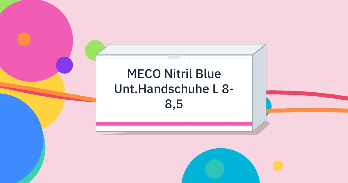 Symbolbild: Packung mit der Aufschrift MECO Nitril Blue Unt.Handschuhe L 8-8,5 (PZN 19193036) – Verfügbarkeit und Bezug in Apotheken in Frankfurt am Main