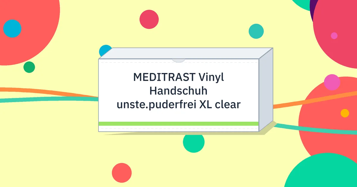 Symbolbild: Packung mit der Aufschrift MEDITRAST Vinyl Handschuh unste.puderfrei XL clear (PZN 13511156) – Verfügbarkeit und Bezug in Apotheken in Frankfurt am Main