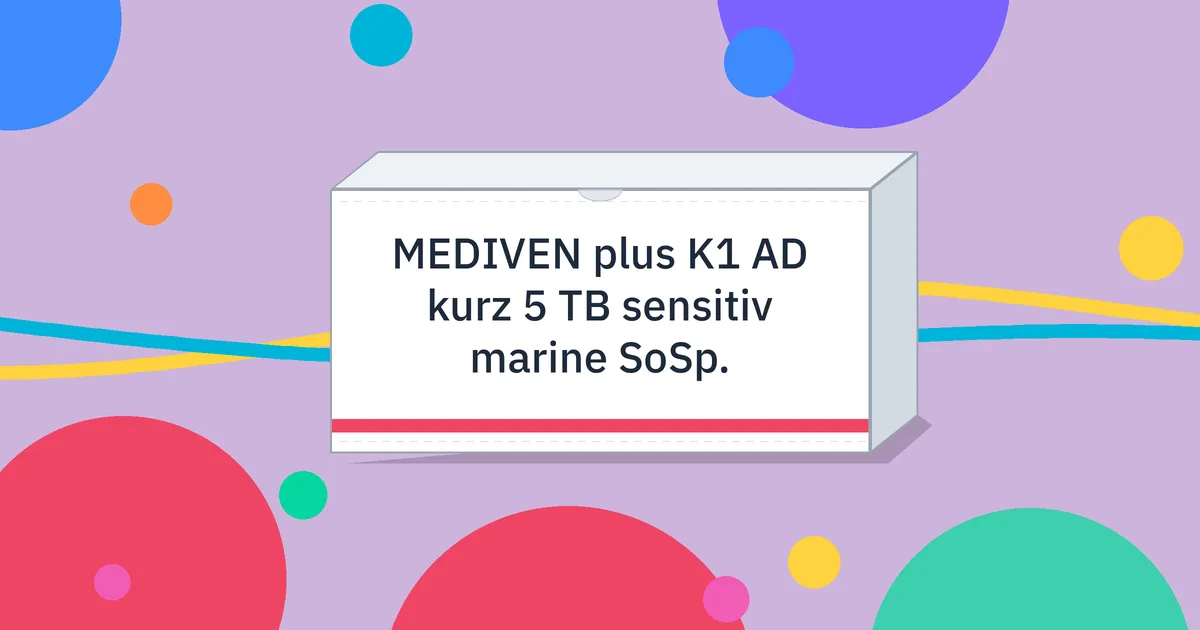 Symbolbild: Packung mit der Aufschrift MEDIVEN plus K1 AD kurz 5 TB sensitiv marine SoSp. (PZN 15052899) – Verfügbarkeit und Bezug in Apotheken in Frankfurt am Main