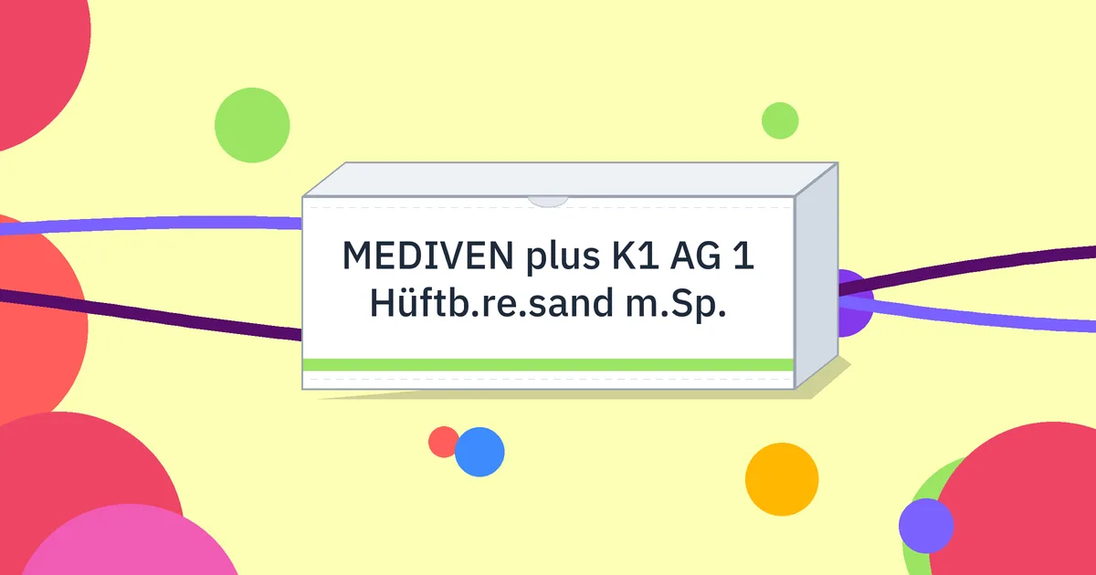 Symbolbild: Packung mit der Aufschrift MEDIVEN plus K1 AG 1 Hüftb.re.sand m.Sp. (PZN 18939172) – Verfügbarkeit und Bezug in Apotheken in Frankfurt am Main