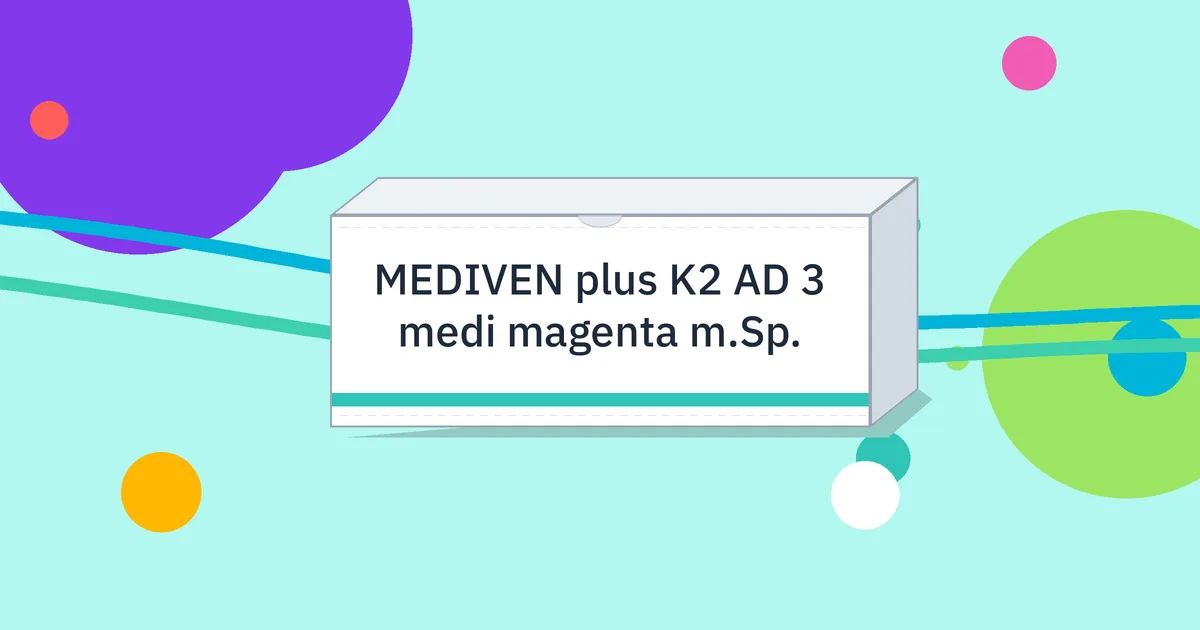 Symbolbild: Packung mit der Aufschrift MEDIVEN plus K2 AD 3 medi magenta m.Sp. (PZN 15093326) – Verfügbarkeit und Bezug in Apotheken in Frankfurt am Main