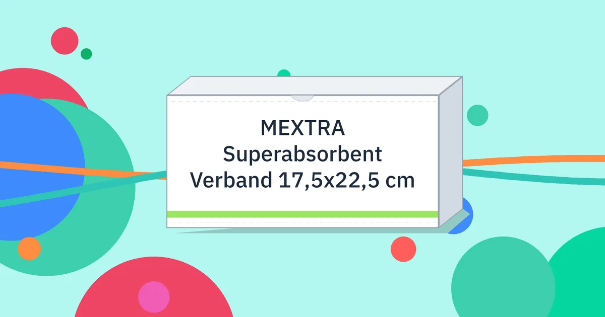 Symbolbild: Packung mit der Aufschrift MEXTRA Superabsorbent Verband 17,5x22,5 cm (PZN 20543820) – Verfügbarkeit und Bezug in Apotheken in Frankfurt am Main
