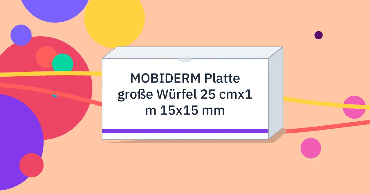 Symbolbild: Packung mit der Aufschrift MOBIDERM Platte große Würfel 25 cmx1 m 15x15 mm (PZN 11001037) – Verfügbarkeit und Bezug in Apotheken in Frankfurt am Main