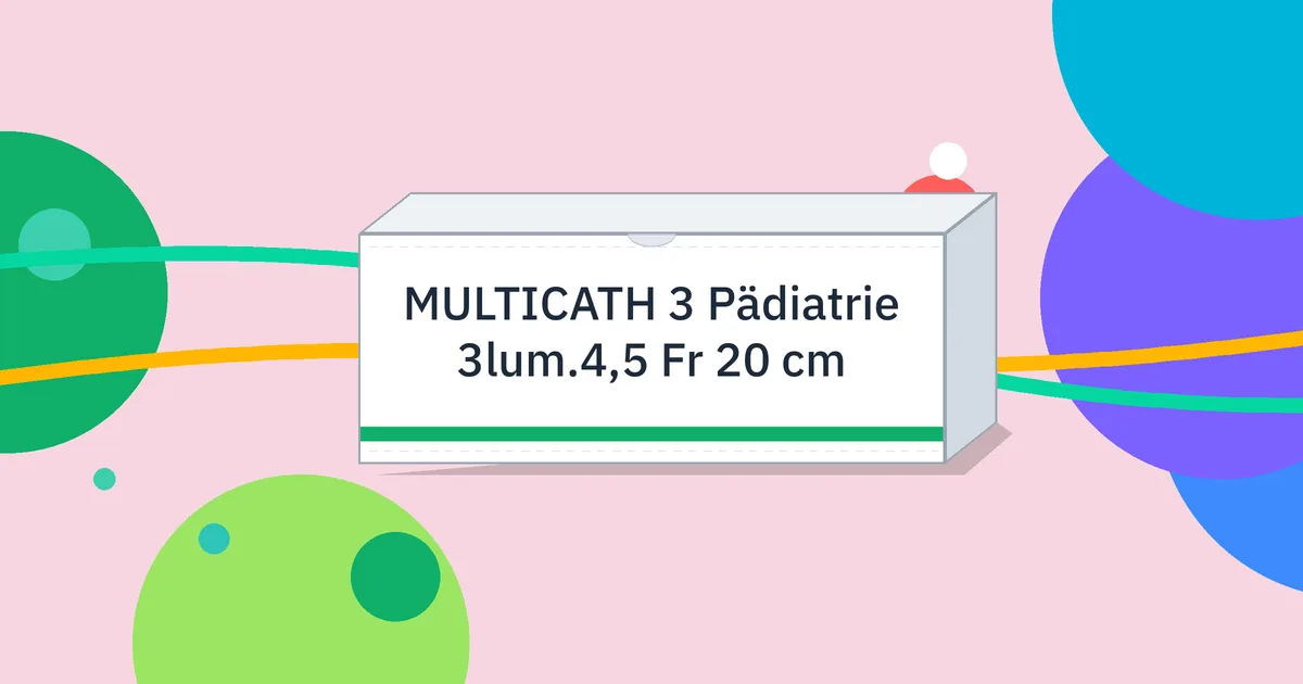 Symbolbild: Packung mit der Aufschrift MULTICATH 3 Pädiatrie 3lum.4,5 Fr 20 cm (PZN 09398004) – Verfügbarkeit und Bezug in Apotheken in Frankfurt am Main