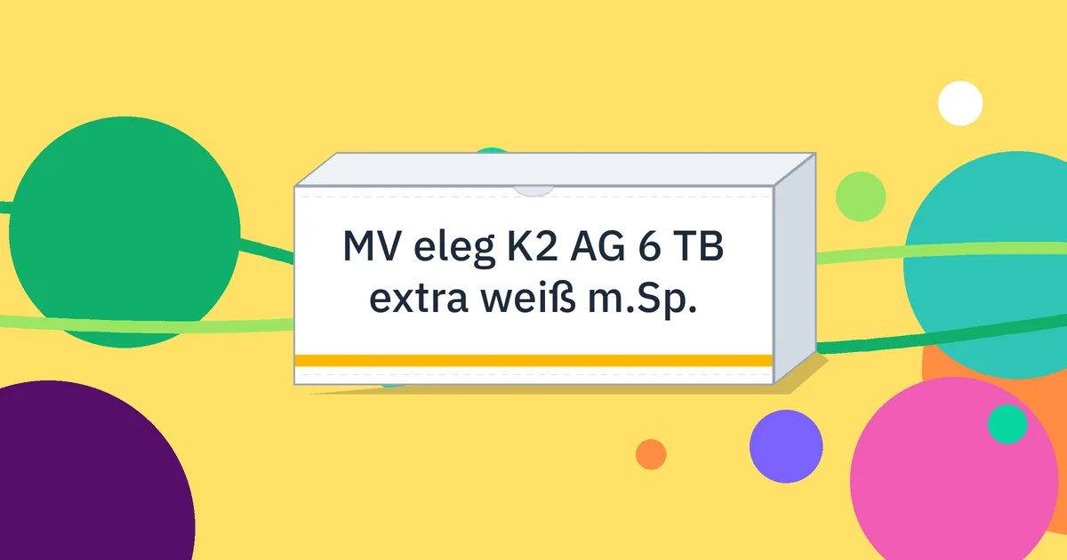 Symbolbild: Packung mit der Aufschrift MV eleg K2 AG 6 TB extra weiß m.Sp. (PZN 09877176) – Verfügbarkeit und Bezug in Apotheken in Frankfurt am Main