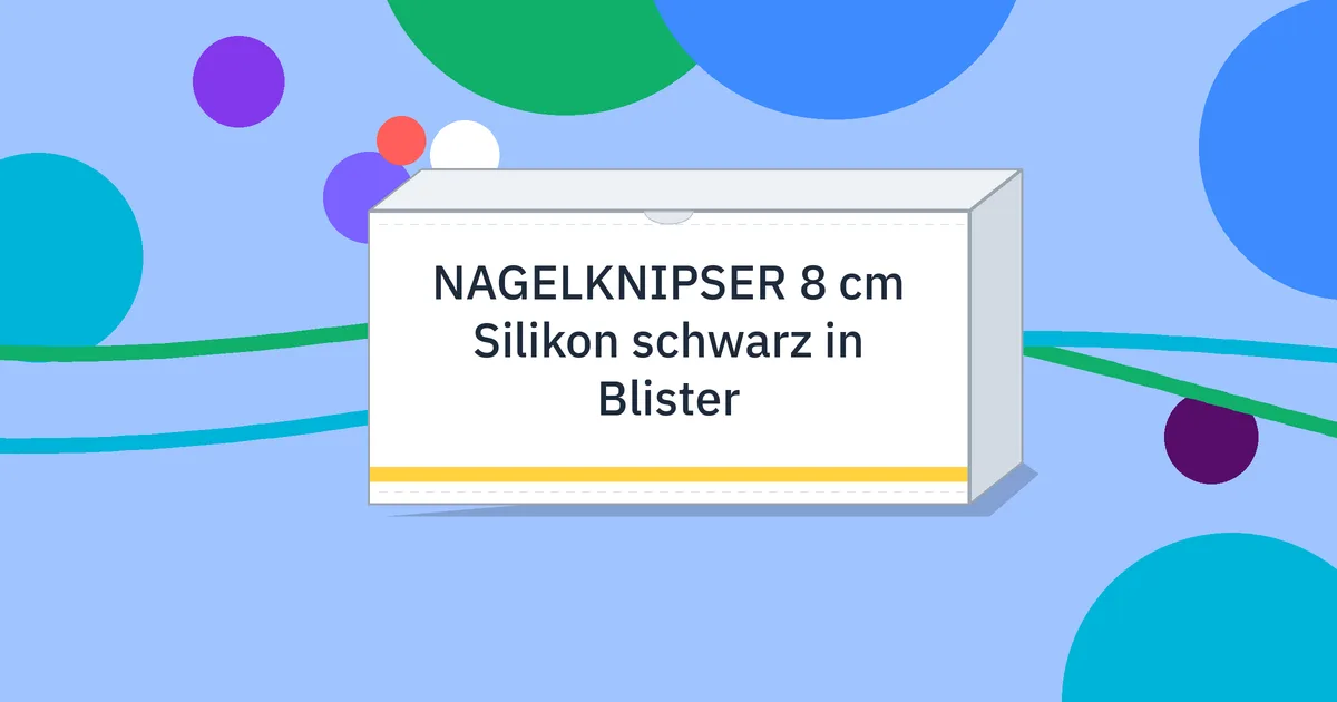 Symbolbild: Packung mit der Aufschrift NAGELKNIPSER 8 cm Silikon schwarz in Blister (PZN 18155281) – Verfügbarkeit und Bezug in Apotheken in Frankfurt am Main