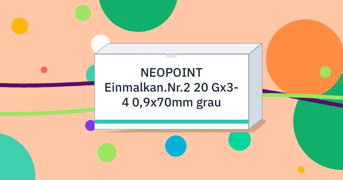 Symbolbild: Packung mit der Aufschrift NEOPOINT Einmalkan.Nr.2 20 Gx3-4 0,9x70mm grau (PZN 18011990) – Verfügbarkeit und Bezug in Apotheken in Frankfurt am Main