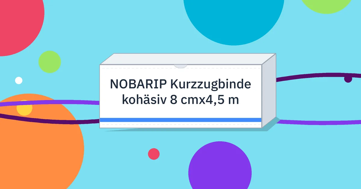 Symbolbild: Packung mit der Aufschrift NOBARIP Kurzzugbinde kohäsiv 8 cmx4,5 m (PZN 01437176) – Verfügbarkeit und Bezug in Apotheken in Frankfurt am Main