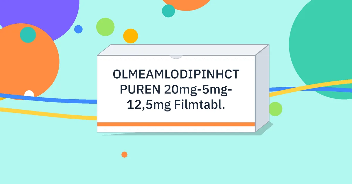 Symbolbild: Packung mit der Aufschrift OLMEAMLODIPINHCT PUREN 20mg-5mg-12,5mg Filmtabl. (PZN 18110870) – Verfügbarkeit und Bezug in Apotheken in Frankfurt am Main