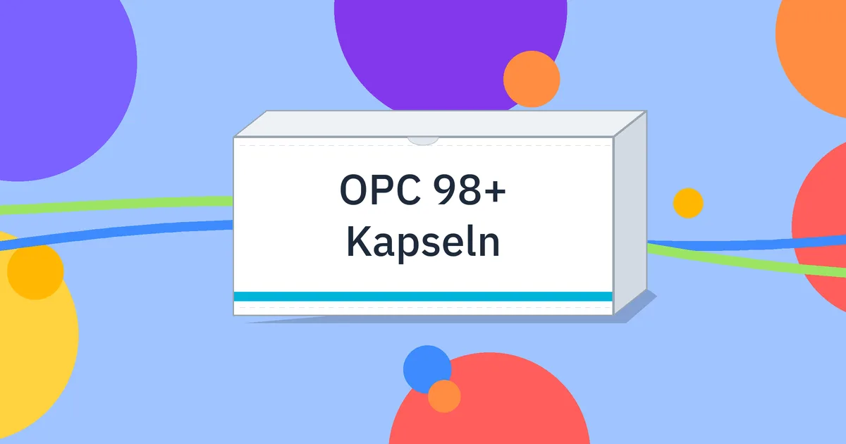 Symbolbild: Packung mit der Aufschrift OPC 98+ Kapseln (PZN 12552584) – Verfügbarkeit und Bezug in Apotheken in Frankfurt am Main
