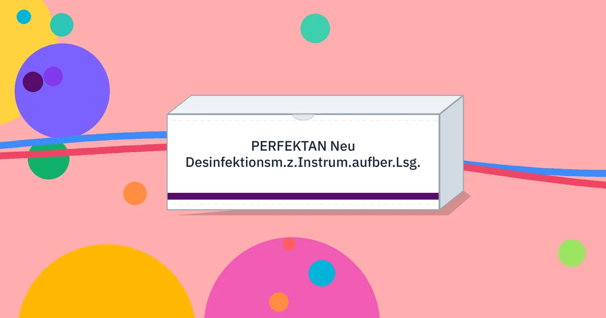 Symbolbild: Packung mit der Aufschrift PERFEKTAN Neu Desinfektionsm.z.Instrum.aufber.Lsg. (PZN 01833854) – Verfügbarkeit und Bezug in Apotheken in Frankfurt am Main