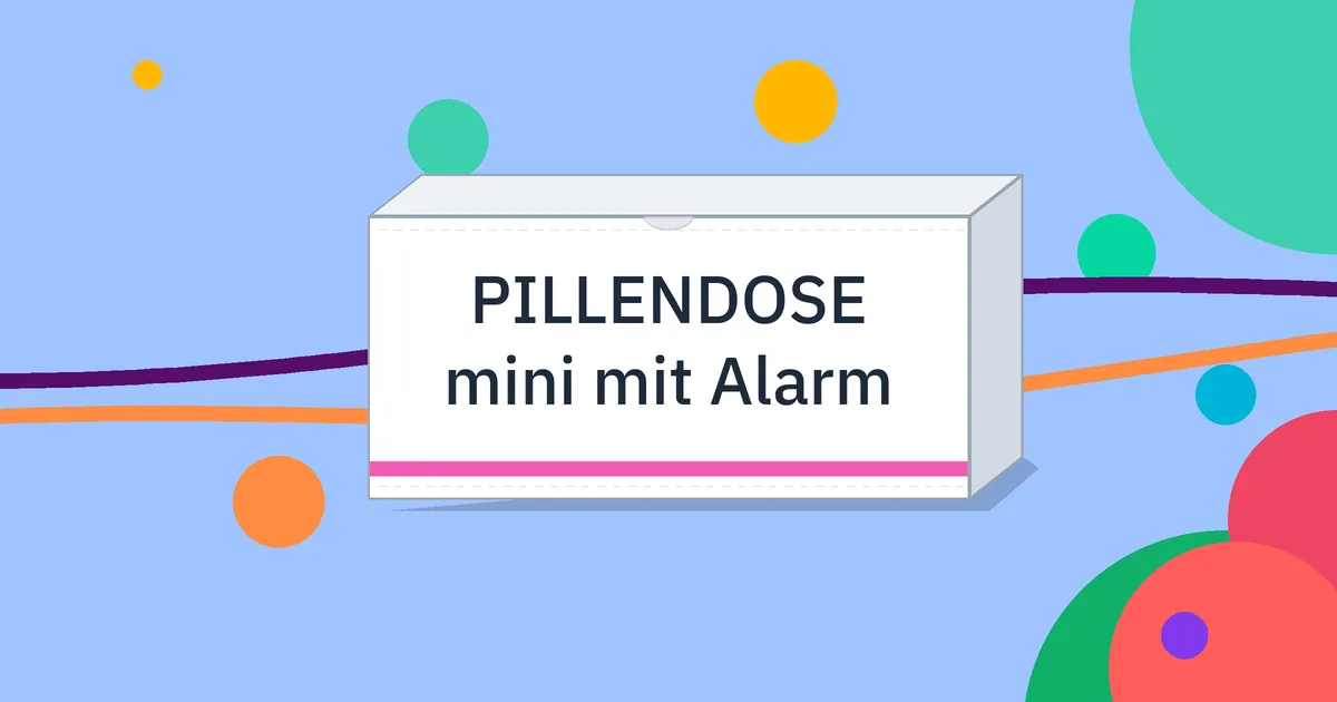 Symbolbild: Packung mit der Aufschrift PILLENDOSE mini mit Alarm (PZN 03314377) – Verfügbarkeit und Bezug in Apotheken in Frankfurt am Main