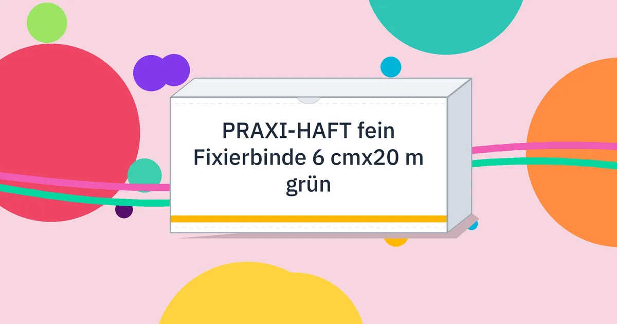 Symbolbild: Packung mit der Aufschrift PRAXI-HAFT fein Fixierbinde 6 cmx20 m grün (PZN 12826107) – Verfügbarkeit und Bezug in Apotheken in Frankfurt am Main