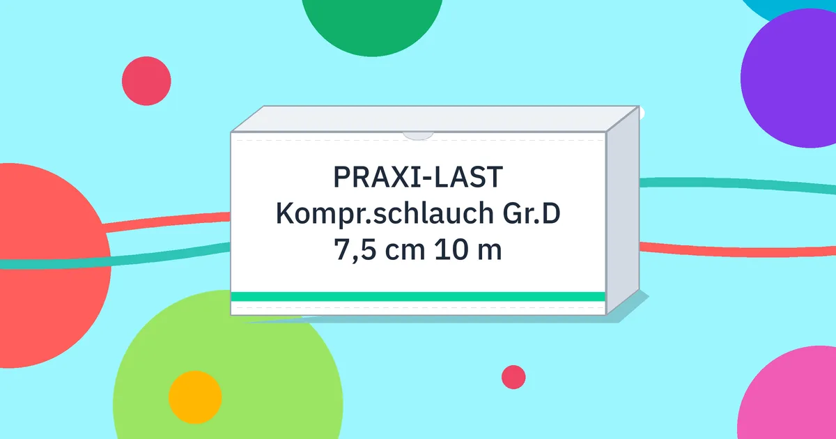 Symbolbild: Packung mit der Aufschrift PRAXI-LAST Kompr.schlauch Gr.D 7,5 cm 10 m (PZN 12826981) – Verfügbarkeit und Bezug in Apotheken in Frankfurt am Main