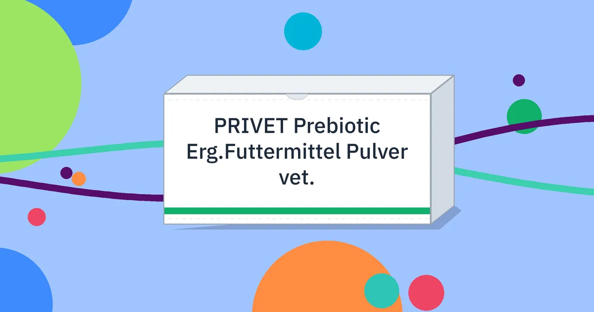 Symbolbild: Packung mit der Aufschrift PRIVET Prebiotic Erg.Futtermittel Pulver vet. (PZN 19680440) – Verfügbarkeit und Bezug in Apotheken in Frankfurt am Main