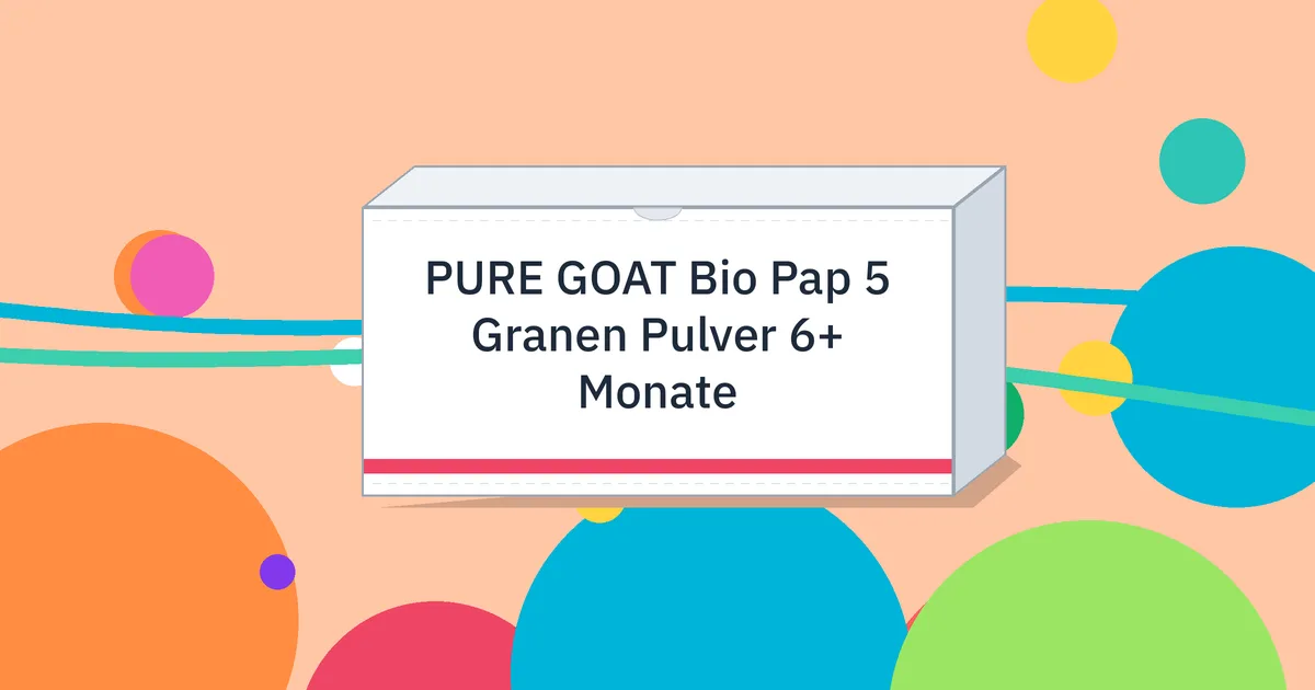Symbolbild: Packung mit der Aufschrift PURE GOAT Bio Pap 5 Granen Pulver 6+ Monate (PZN 20105132) – Verfügbarkeit und Bezug in Apotheken in Frankfurt am Main