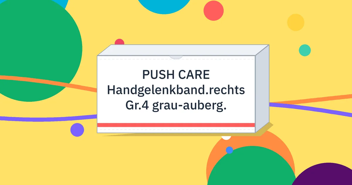 Symbolbild: Packung mit der Aufschrift PUSH CARE Handgelenkband.rechts Gr.4 grau-auberg. (PZN 04860656) – Verfügbarkeit und Bezug in Apotheken in Frankfurt am Main