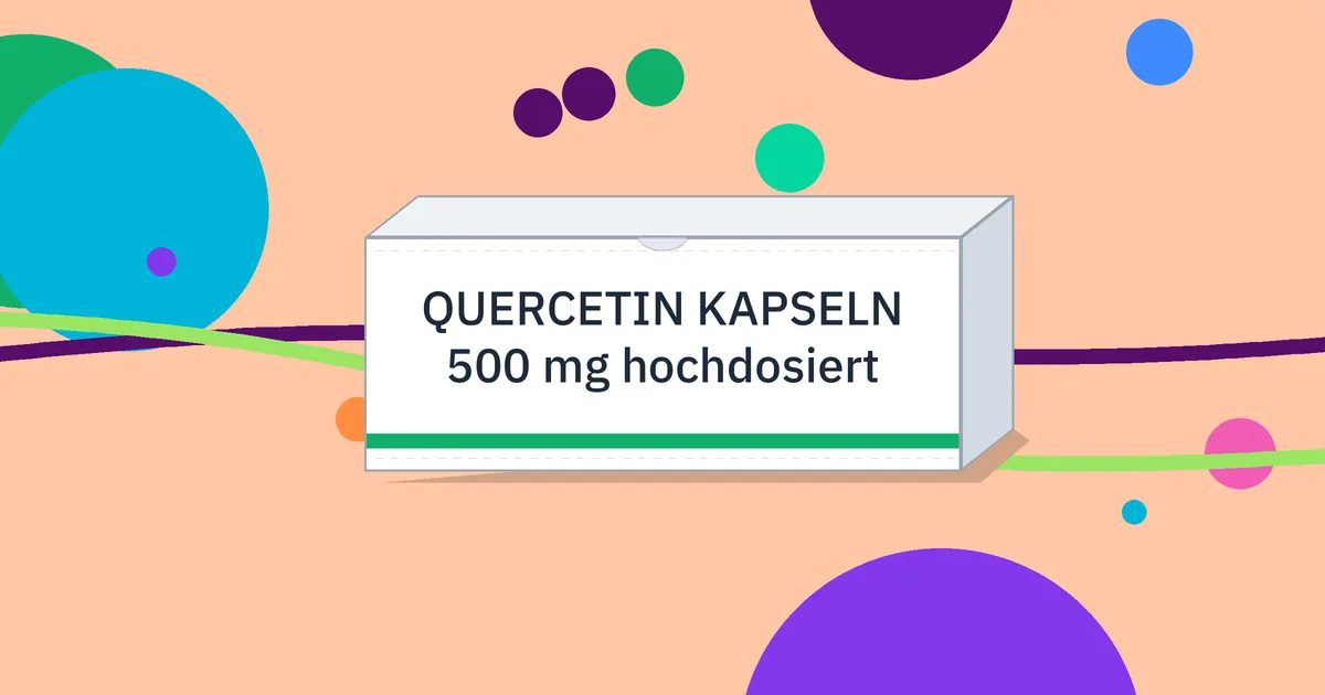 Symbolbild: Packung mit der Aufschrift QUERCETIN KAPSELN 500 mg hochdosiert (PZN 17975415) – Verfügbarkeit und Bezug in Apotheken in Frankfurt am Main