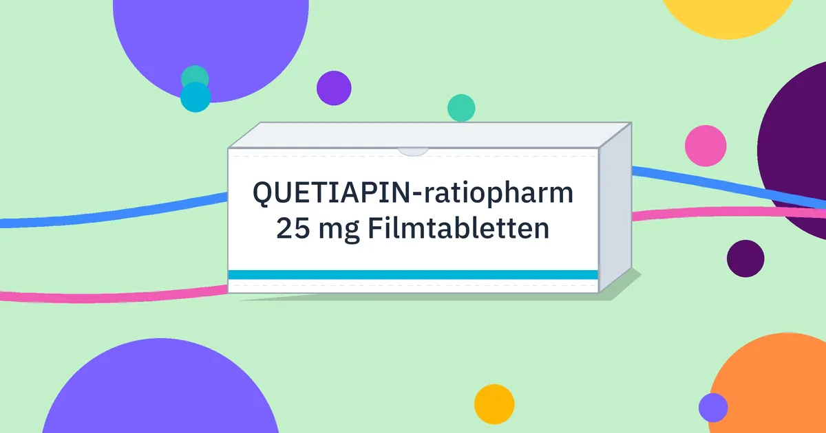 Symbolbild: Packung mit der Aufschrift QUETIAPIN-ratiopharm 25 mg Filmtabletten (PZN 09243135) – Verfügbarkeit und Bezug in Apotheken in Frankfurt am Main