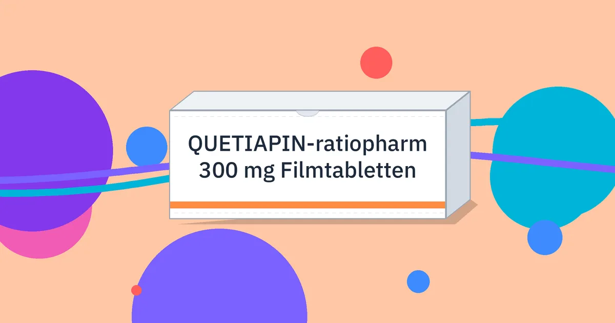Symbolbild: Packung mit der Aufschrift QUETIAPIN-ratiopharm 300 mg Filmtabletten (PZN 09243253) – Verfügbarkeit und Bezug in Apotheken in Frankfurt am Main