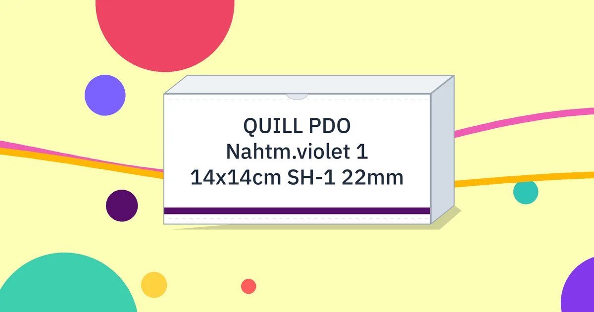 Symbolbild: Packung mit der Aufschrift QUILL PDO Nahtm.violet 1 14x14cm SH-1 22mm (PZN 17989765) – Verfügbarkeit und Bezug in Apotheken in Frankfurt am Main