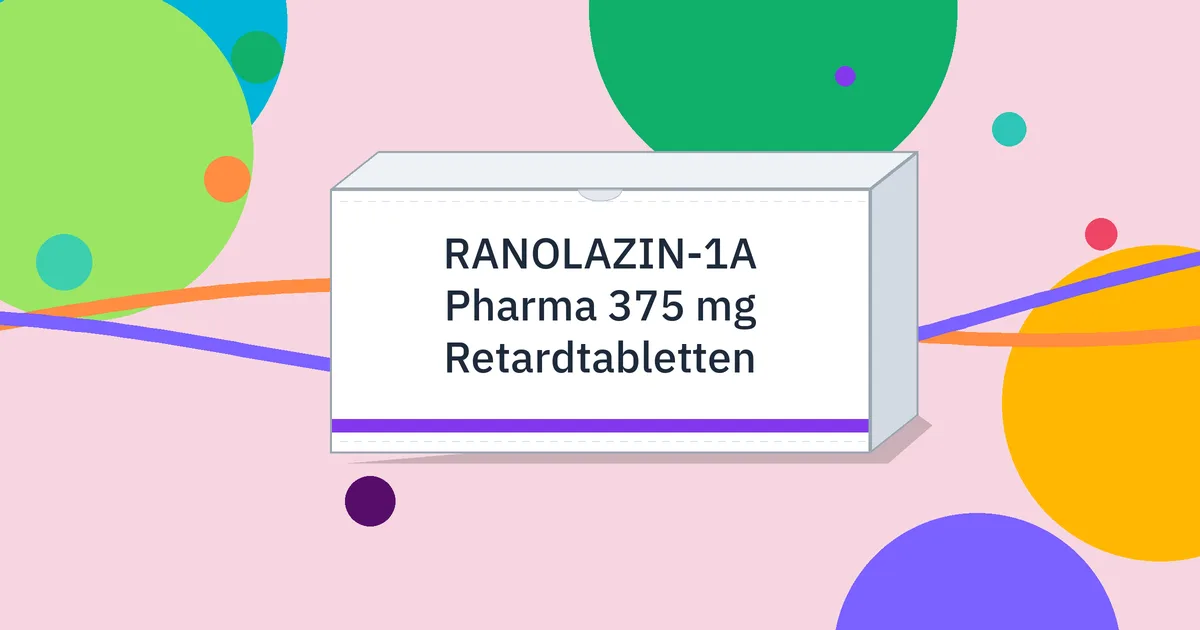 Symbolbild: Packung mit der Aufschrift RANOLAZIN-1A Pharma 375 mg Retardtabletten (PZN 19375010) – Verfügbarkeit und Bezug in Apotheken in Frankfurt am Main