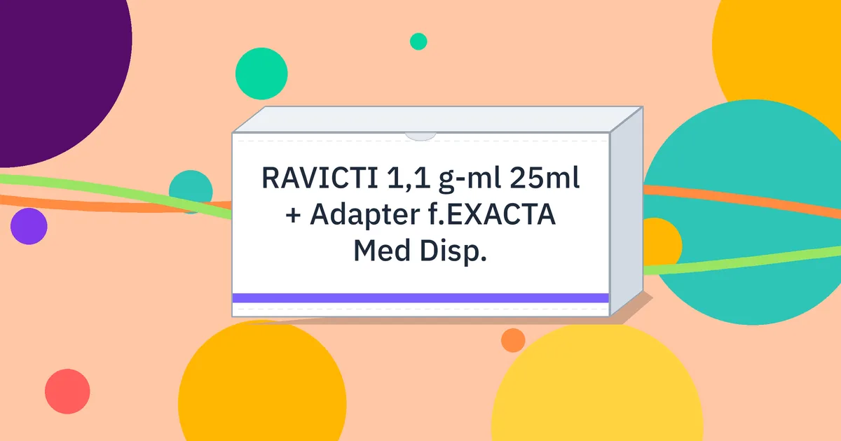 Symbolbild: Packung mit der Aufschrift RAVICTI 1,1 g-ml 25ml + Adapter f.EXACTA Med Disp. (PZN 20351523) – Verfügbarkeit und Bezug in Apotheken in Frankfurt am Main
