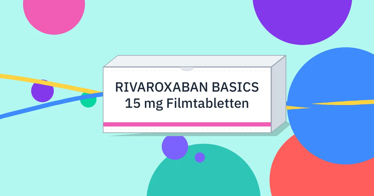 Symbolbild: Packung mit der Aufschrift RIVAROXABAN BASICS 15 mg Filmtabletten (PZN 18839051) – Verfügbarkeit und Bezug in Apotheken in Frankfurt am Main