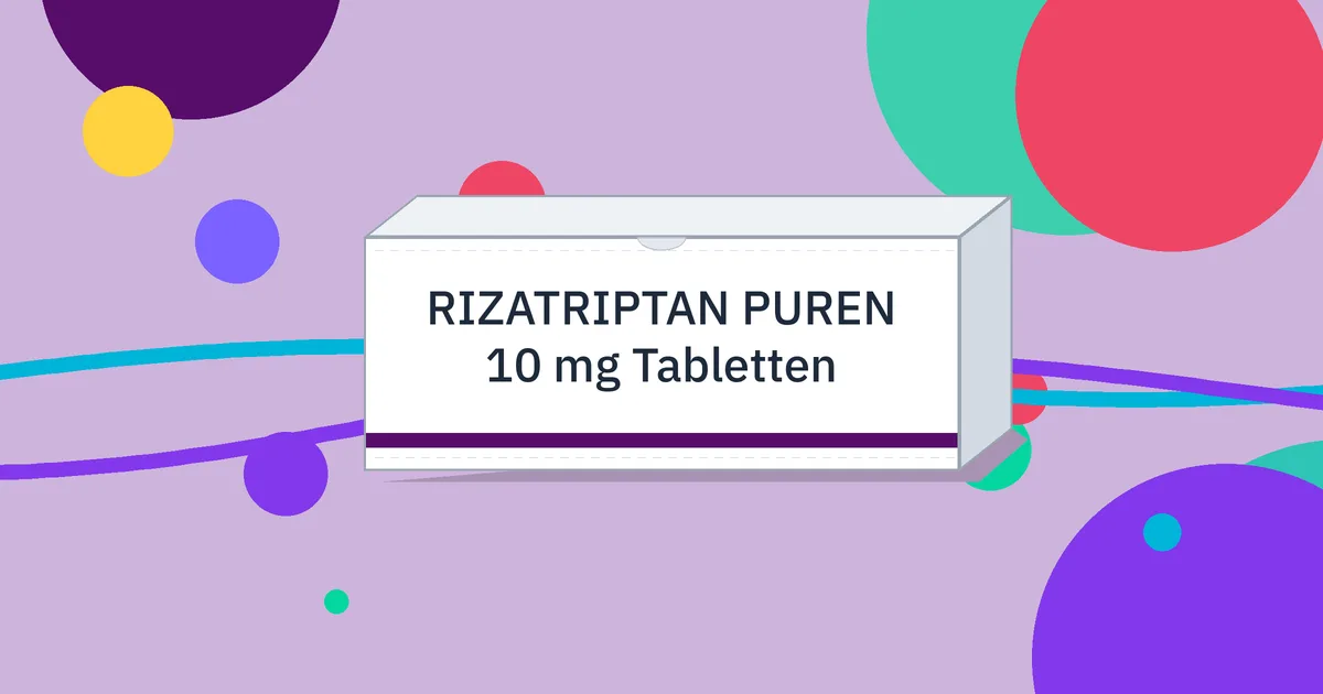 Symbolbild: Packung mit der Aufschrift RIZATRIPTAN PUREN 10 mg Tabletten (PZN 14299103) – Verfügbarkeit und Bezug in Apotheken in Frankfurt am Main