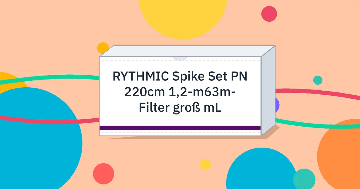 Symbolbild: Packung mit der Aufschrift RYTHMIC Spike Set PN 220cm 1,2-m63m-Filter groß mL (PZN 19898914) – Verfügbarkeit und Bezug in Apotheken in Frankfurt am Main