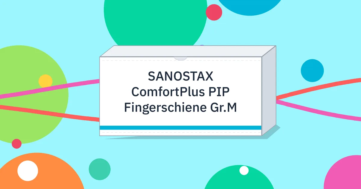 Symbolbild: Packung mit der Aufschrift SANOSTAX ComfortPlus PIP Fingerschiene Gr.M (PZN 13159340) – Verfügbarkeit und Bezug in Apotheken in Frankfurt am Main