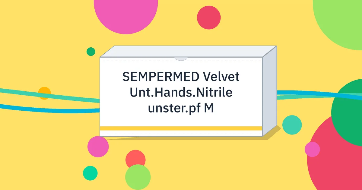 Symbolbild: Packung mit der Aufschrift SEMPERMED Velvet Unt.Hands.Nitrile unster.pf M (PZN 19971309) – Verfügbarkeit und Bezug in Apotheken in Frankfurt am Main