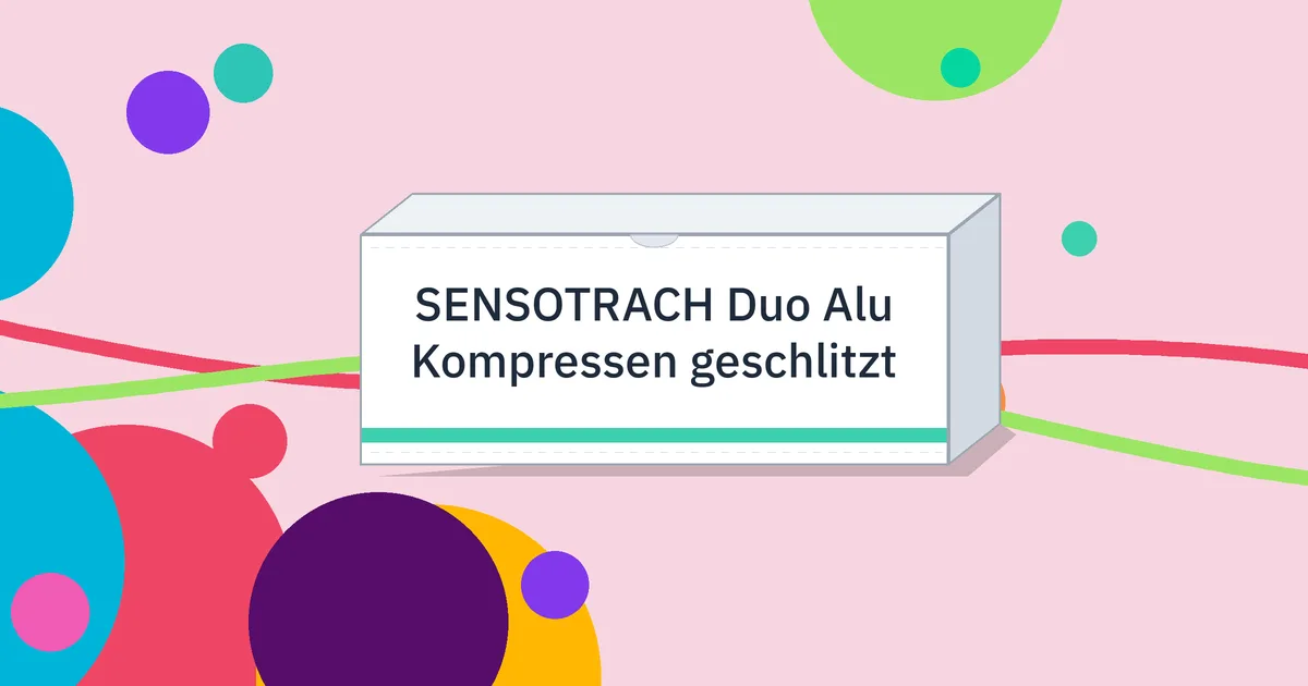 Symbolbild: Packung mit der Aufschrift SENSOTRACH Duo Alu Kompressen geschlitzt (PZN 01823784) – Verfügbarkeit und Bezug in Apotheken in Frankfurt am Main