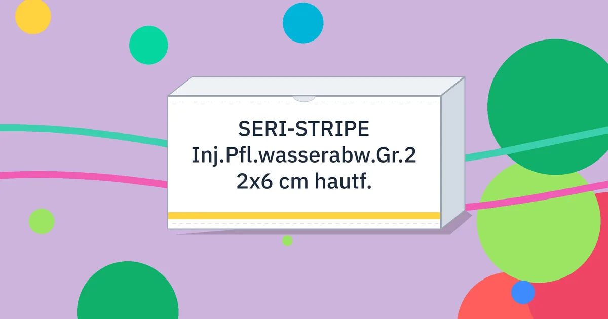 Symbolbild: Packung mit der Aufschrift SERI-STRIPE Inj.Pfl.wasserabw.Gr.2 2x6 cm hautf. (PZN 19837249) – Verfügbarkeit und Bezug in Apotheken in Frankfurt am Main