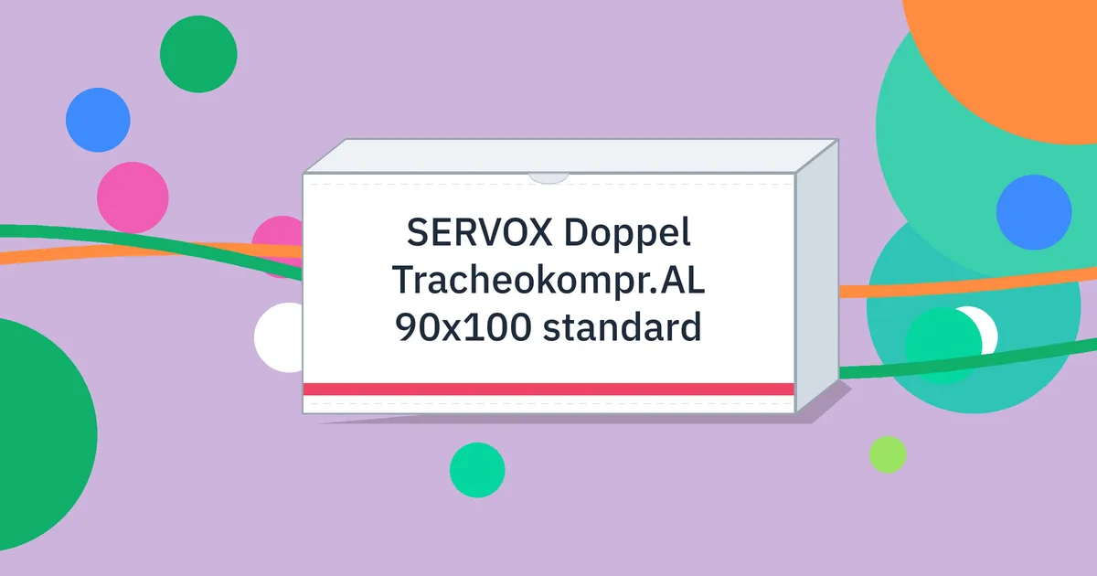 Symbolbild: Packung mit der Aufschrift SERVOX Doppel Tracheokompr.AL 90x100 standard (PZN 08469481) – Verfügbarkeit und Bezug in Apotheken in Frankfurt am Main
