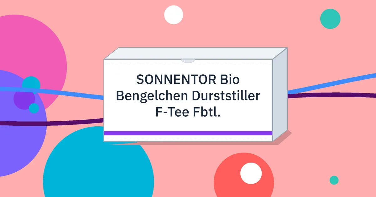 Symbolbild: Packung mit der Aufschrift SONNENTOR Bio Bengelchen Durststiller F-Tee Fbtl. (PZN 18902559) – Verfügbarkeit und Bezug in Apotheken in Frankfurt am Main