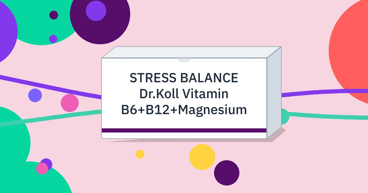 Symbolbild: Packung mit der Aufschrift STRESS BALANCE Dr.Koll Vitamin B6+B12+Magnesium (PZN 17570210) – Verfügbarkeit und Bezug in Apotheken in Frankfurt am Main