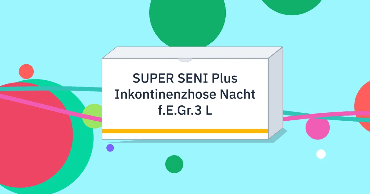 Symbolbild: Packung mit der Aufschrift SUPER SENI Plus Inkontinenzhose Nacht f.E.Gr.3 L (PZN 18011671) – Verfügbarkeit und Bezug in Apotheken in Frankfurt am Main